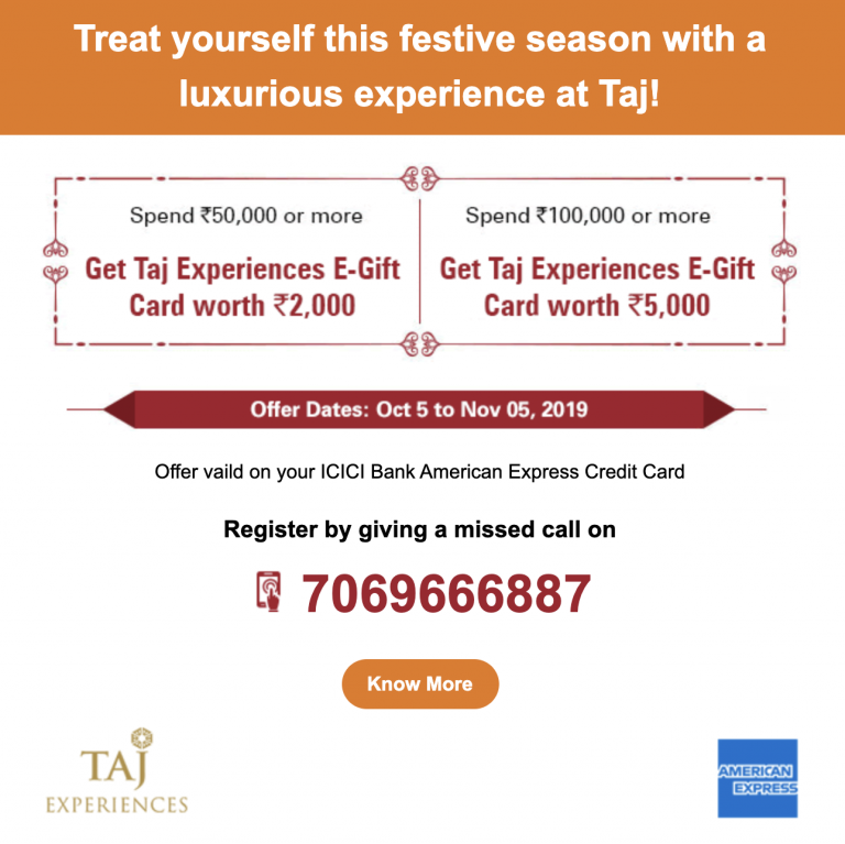 Get Taj Experiences E-Gift card worth upto Rs.5000 with ICICI Amex ...