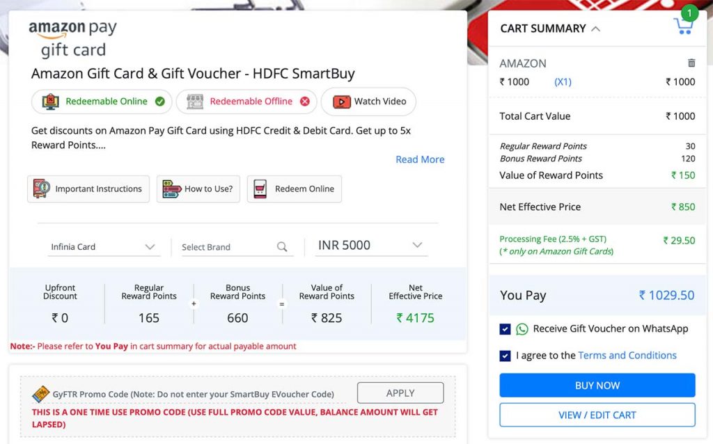 HDFC Smartbuy adds 2.5% Processing Fee on Amazon Gift Cards – CardExpert