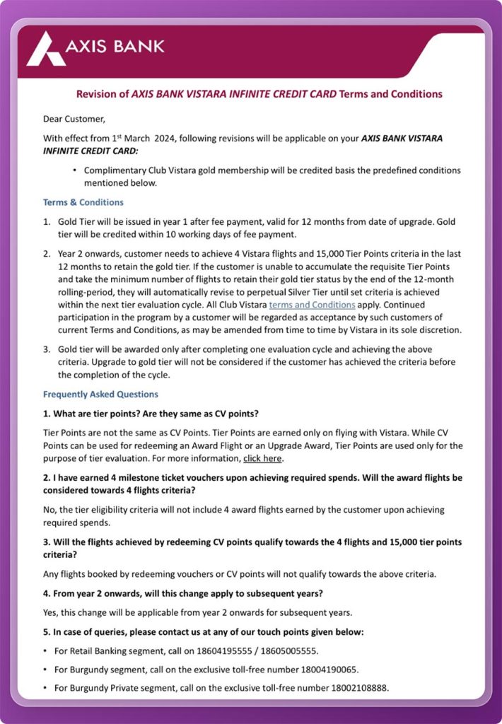Axis Vistara Infinite to lose Gold tier on renewal from 1st March 2024 ...